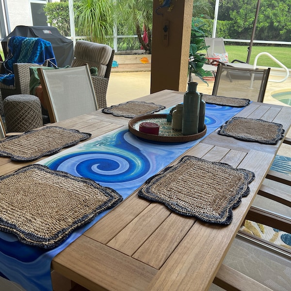 Rectangular Raffia Placemats With Blue Edges, Handmade Woven Rectangular Table Mats, Multicolor ...