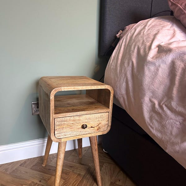 Small Curved Bedside Table With Open Shelf • Minimalist Bedside Table ...