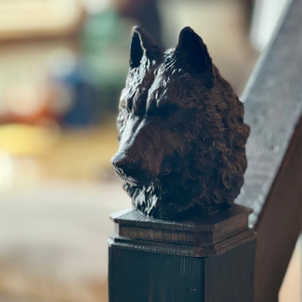 Carved Wolf Head Sculpture - Wooden Newel Post Finial, Nordic Style ...