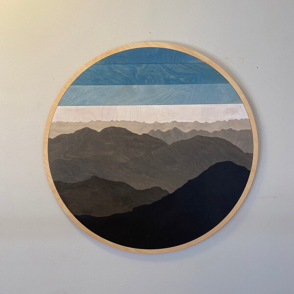 Round Mountain Wood Art | Layered Mountains Wall Art, Living Room Scene ...