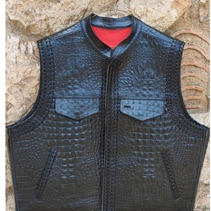 Gator Embossed Leather Vest for Bikers. 100% Handcrafted Vest. Hand ...