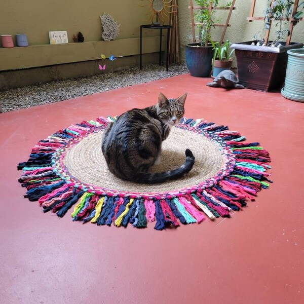 Indian Handmade Braided Jute Chindi Rug With Fringe Round Rug Home ...