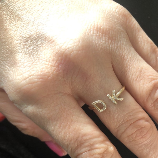 Diamond Initial Ring / 14k Diamond Initial Ring / Diamond Stacking Ring ...