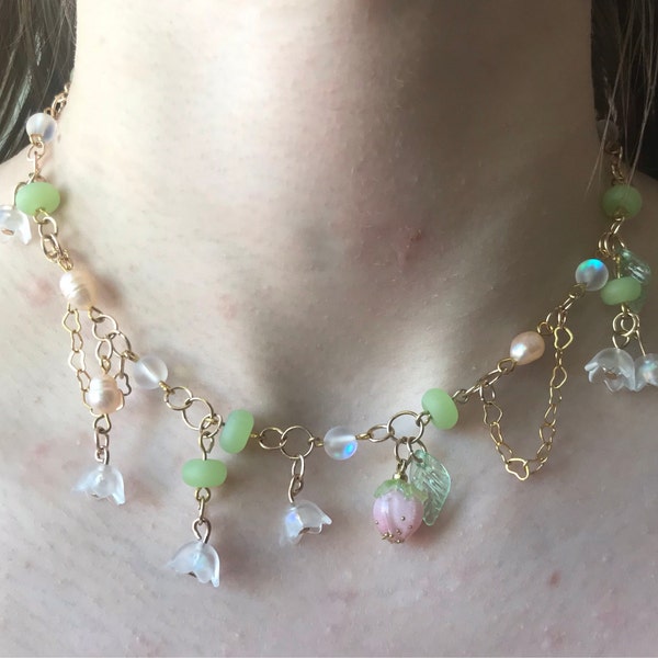 Silver Draped Chain Necklace With Iridescent Glass Beads a Cross Heart ...