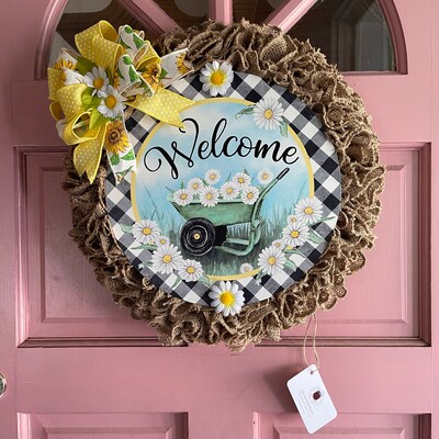 Welcome Daisy Wheelbarrow 12 Inch Metal Sign, Spring Sign, Welcome Sign ...