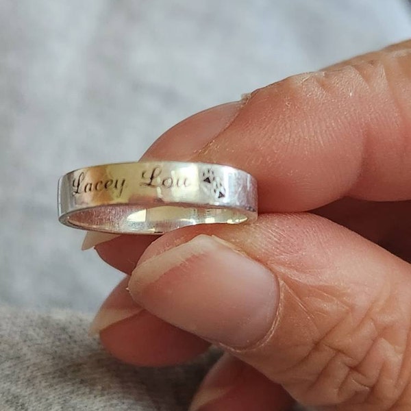 Pet Name Ring, Custom Paw Print Ring, Engraved Name Ring, Dog Paw Ring ...