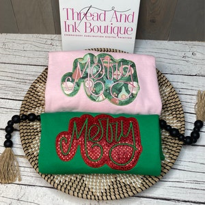 Merry Handlettered Applique Design Christmas Zig Zag and Satin Stitch Machine Embroidery ...