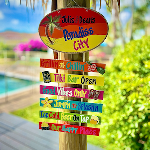 Backyard Paradise Hand Painted Wood Wall Hanger Sign Personalized Tiki ...