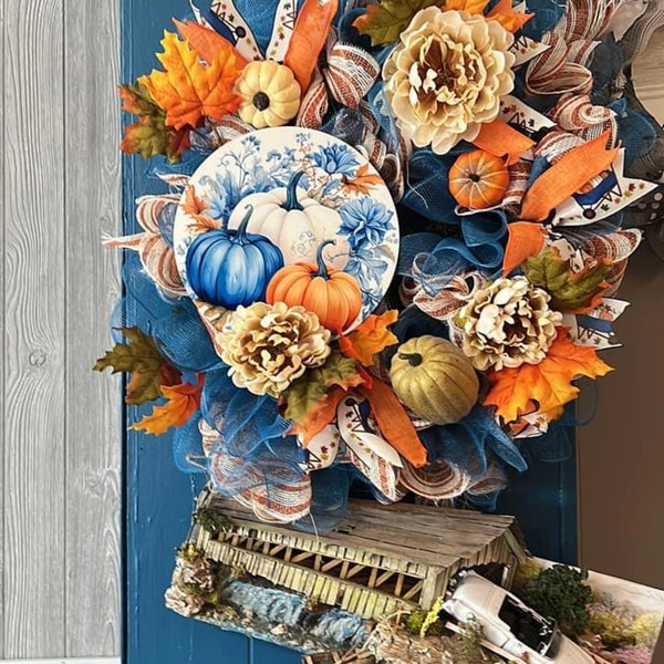 Blue Pumpkin Fall Foliage Sign - Wreath Accent Sign - Etsy