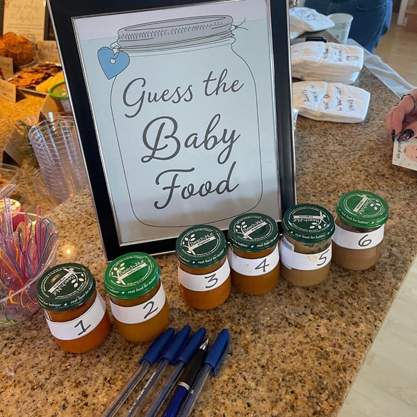 Guess the Baby Food Printable Baby Shower Game - Blue Boy - Mason Jar ...