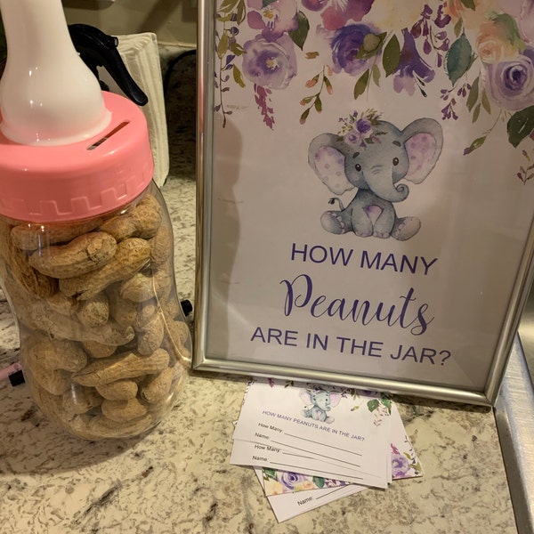 Guess How Many Peanuts Are in the Jar Purple Elephant Baby Shower Game ...
