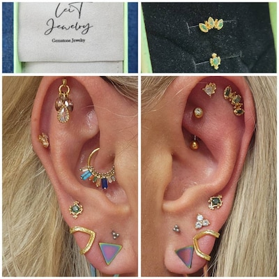 14K Gold Moss Agate Earring Threadless Push Pin Stud Dainty Fan Shape ...