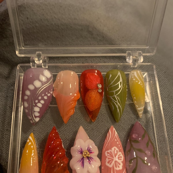 Fairy Tale Flower Long Almond Press on Nails, 3D Fairycore Nails ...