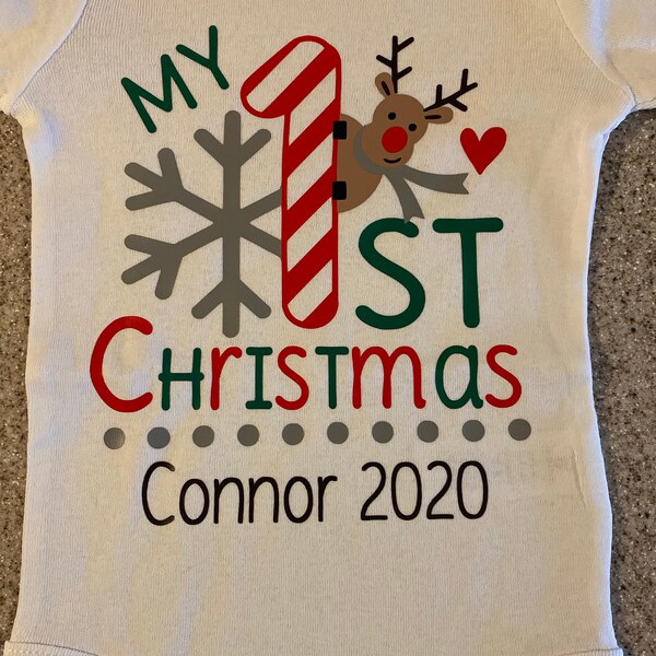 Baby Boy My First Christmas Outfit, Personalized Reindeer Bodysuit or ...