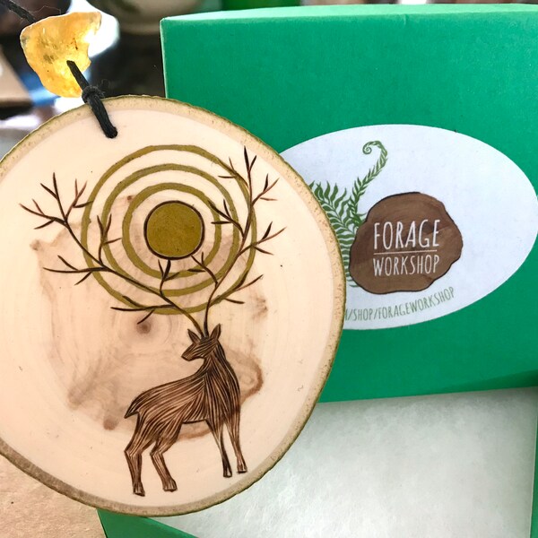 Happy Winter Solstice Ornament or Wall Hanging. Wood Burned Deer W ...