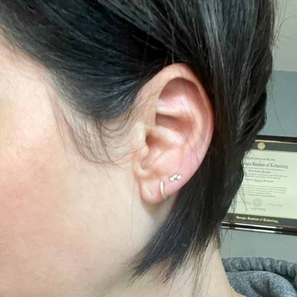 14k Solid Gold Three Stone Cartilage Piercing Dainty Stud Earring Helix ...