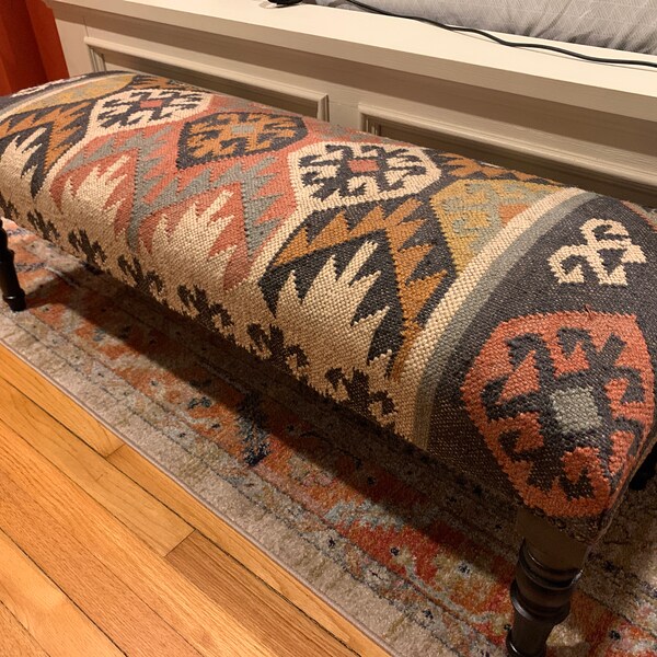 Elegant Acacia Footstool | Kilim Upholstered Pouf Ottoman | Traditional ...