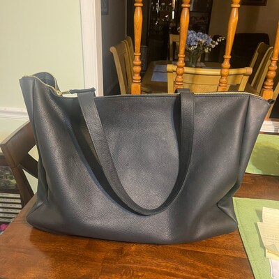 Extra Large Black Leather Tote Bag , Oversized Work and Travel Computer ...
