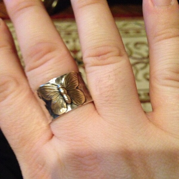 Butterfly Ring, Sterling Silver Wide Band, Brass, Gold Color - on ...