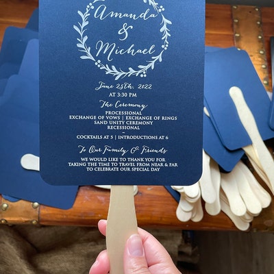 Navy Blue Wedding Program Fans Wooden Sticks Included Navy Blue Wedding ...