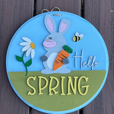 Hello Spring Door Hanger Svg Easter Bunny Hello Spring Welcome Sign Svg ...