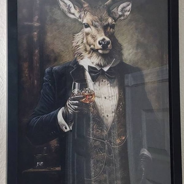 Stag Drinking Whisky Wall Art Print // Vintage Painting Style Portrait ...