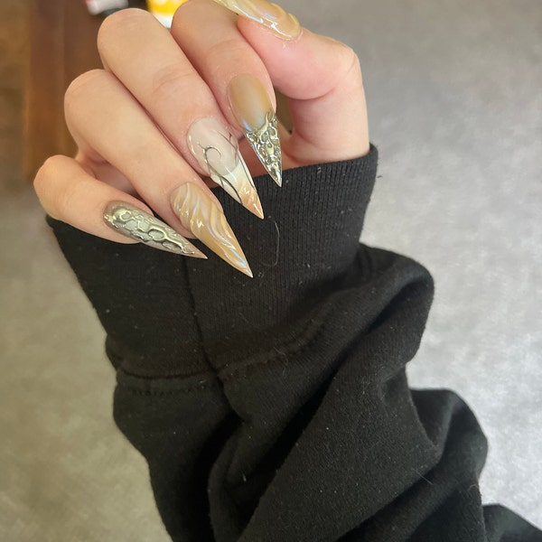Handpainted Chrome Metallic Gothic Extra Long Stiletto Press on Nails ...