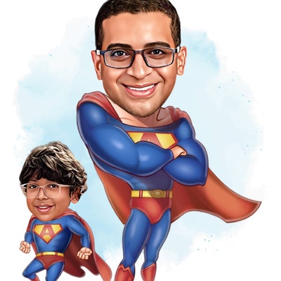 Custom Super Dad and Son Cartoon Portrait, Super Dad Portrait, Dad's ...