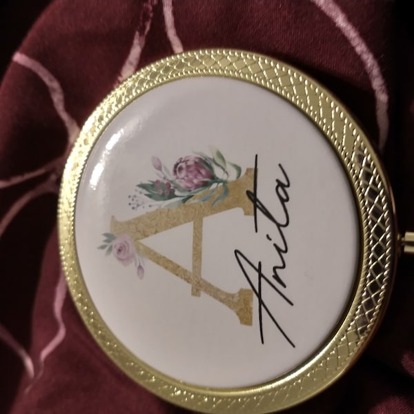 Personalized Gold Initial and Name Compact Mirror Signature Floral ...