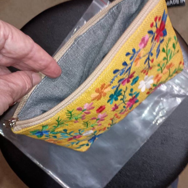 Cyan Embroidered Floral Brocade Wallet, Handmade Wild Flower Makeup ...