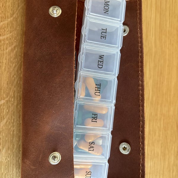 Leather Pill Case - Cowhide Weekly Meds Organizer With Plastic Twice ...