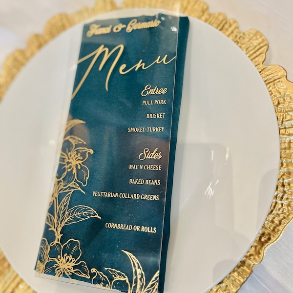 Gold Foil Acrylic Wedding Menu Card (4x9") Custom Event Decor, Luxury ...