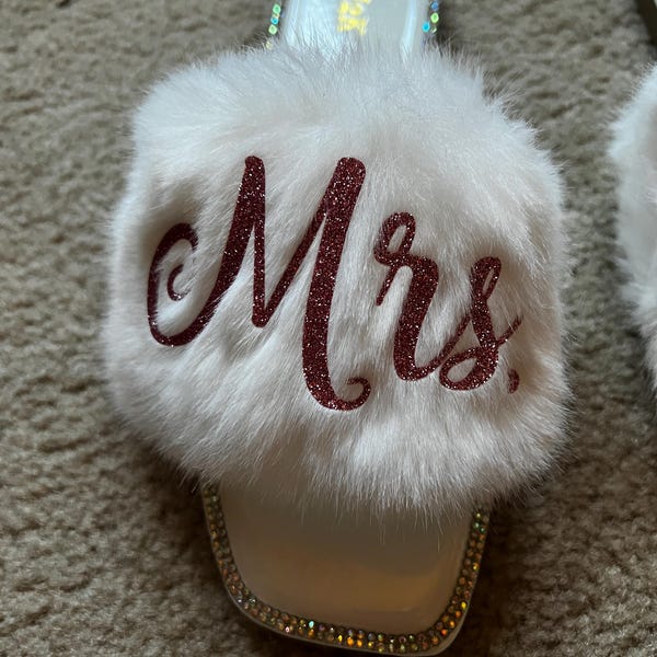 Bride Faux White Fur- Mrs. Slides, Personalized Bride Slides ...