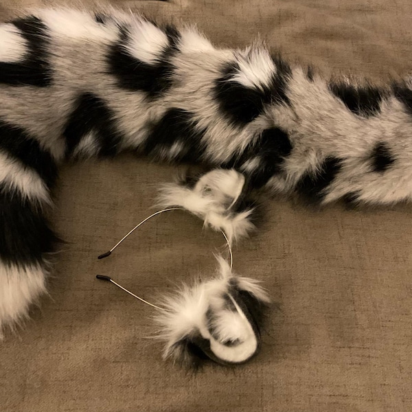 Realistic Faux Fur White Gray Snow Leopard Ear and Tail Set Anime ...
