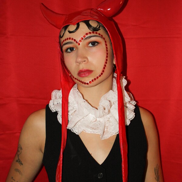 Red Devil Horn Hat, Devil Vintage Bonnet, Devil Hood, Hat With Horns ...