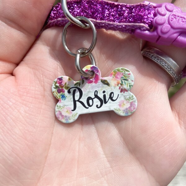 Pink Flowers Dog Tag, Rustic Floral Dog Tag, Faux Wood, Personalized ...