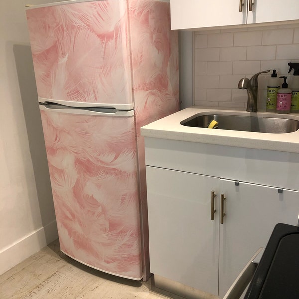 Pink Feathers Fridge Wrap, Refrigerator Vinyl Cover Peel and Stick ...