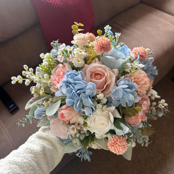 Fake Light Blue & Rose Pink Wildflower Bridal Bouquet/boutonniere ...