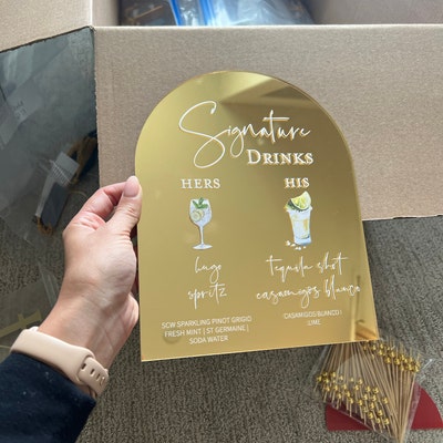 ARCH Gold Mirror Bar Menu Signature Cocktails Custom Acrylic Wedding ...