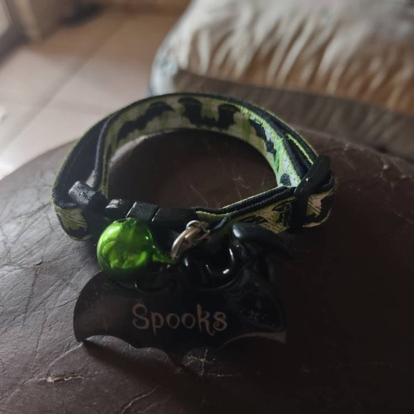 Halloween Cat Collar - Glitter Bats on Green Plaid - Kitten or Large ...