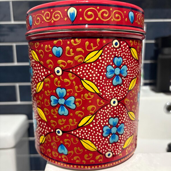 Steel Tins Enamel-coated Hand-painted Red, Green or Blue / Handmade ...