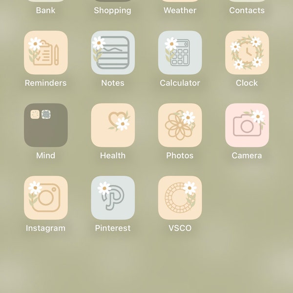 Daisy Ios14 Handdrawn App Icons Floral Theme Pack Aesthetic Green Pink ...