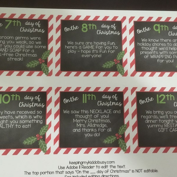 12 Days of Christmas EDITABLE Cards - 12 Days of Christmas Gift Tags ...