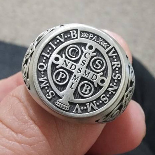 St Benedict Medal Signet of Exorcism Cross Ring Jewelry Mens Religious ...