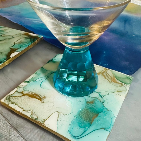 Blue Alcohol Ink Coasters, Modern Abstract Alcohol Ink Coasters ...