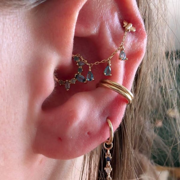 14K Solid Gold Moonstone Rook Earring/floral Curved Barbell Rook ...