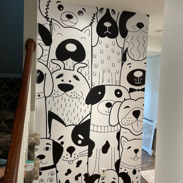 Playful Dog Doodle Vinyl Mural / Peel and Stick Cartoon Dogs Wallpaper ...