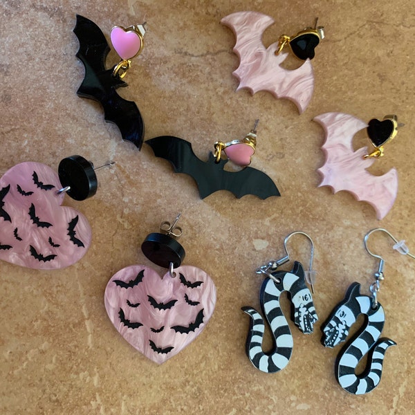 Pink Enamel Heart Black Bat Earrings - Etsy