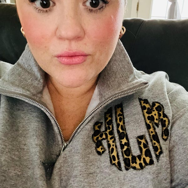 Ash/leopard Scallop Monogram Quarter Zip Pullover - Etsy