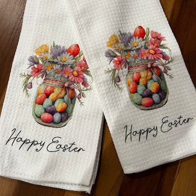 Easter Egg Spring Flower Jar Kitchen Dish Towel Easter Tea Towel ...